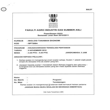 Bpt 2084 sem_1_2010_2011 | PDF | Agriculture | Industries