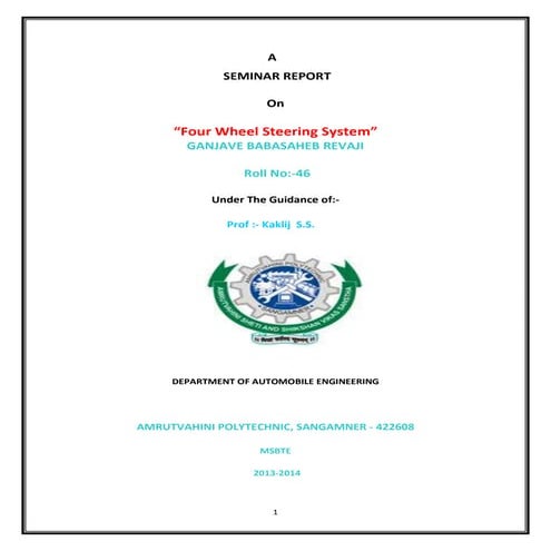 Vtu phase 1 report on four wheel steerinfg system | PDF