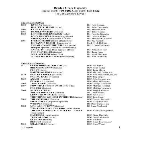 Braden Haggerty Underwater Filming Resume | PDF