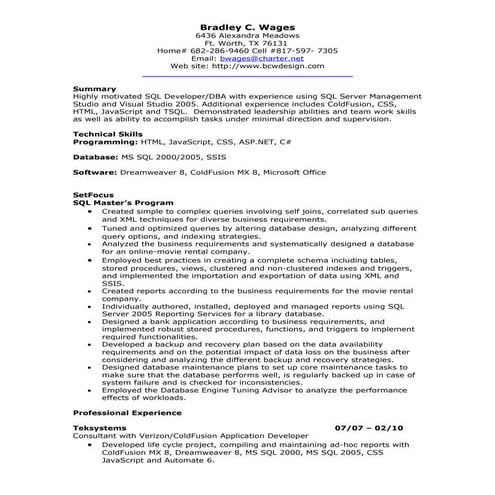 Sql Ssis Ssrs Developer Resume | DOCX