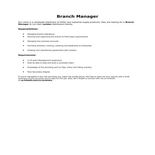 Branch manager london (hvac) | DOC