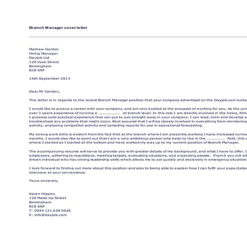 Branch manager cover letter Sample | DOCX