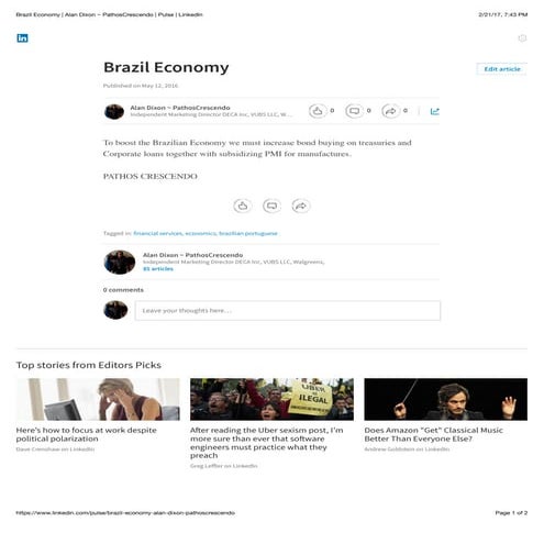 Brazil economy | alan dixon ~ pathos crescendo | pulse | linkedin | PDF