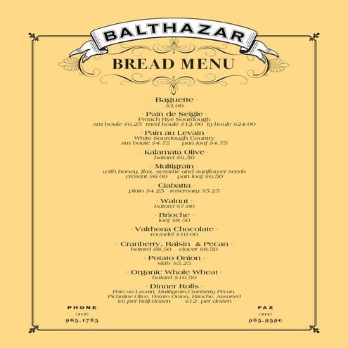 Balthazar Bread Menu - Miguel Guedes de Sousa | PDF
