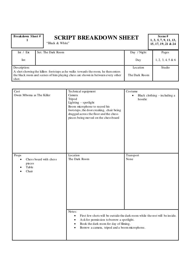 Filming Planning Sheets