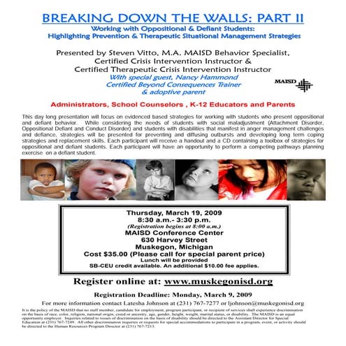 Steve Vitto Presenting of Strategies for Defiant Students in Breaking Down The Walls Flyer ...