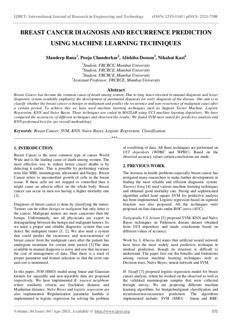 Breast Cancer Diagnosis And Recurrence Prediction Using Machine Learn…