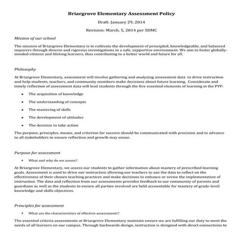 Briargrove Elementary Assessment Policy 2013-2014 | PDF