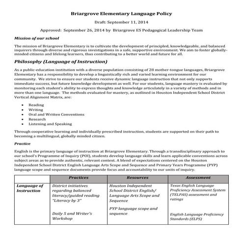 Briargrove Elementary's Language Policy 2014-2015 | PDF