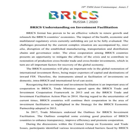 BRICS Trade and Investment Cooperation Framework 2013 | PDF
