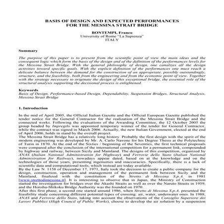 Basis of Design and Expected Performances for the Messina Strait Bridge | PDF