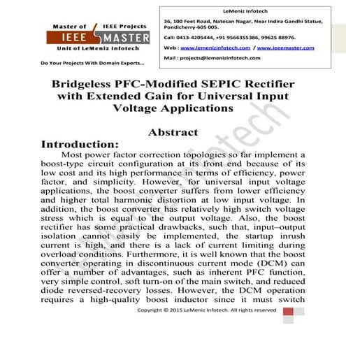 Bridgeless pfc modified sepic rectifier with extended gain for ...