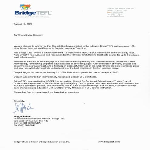 Bridge TEFL 150-hour TESOL/TEFL Certificate Completion Letter of Deepak ...