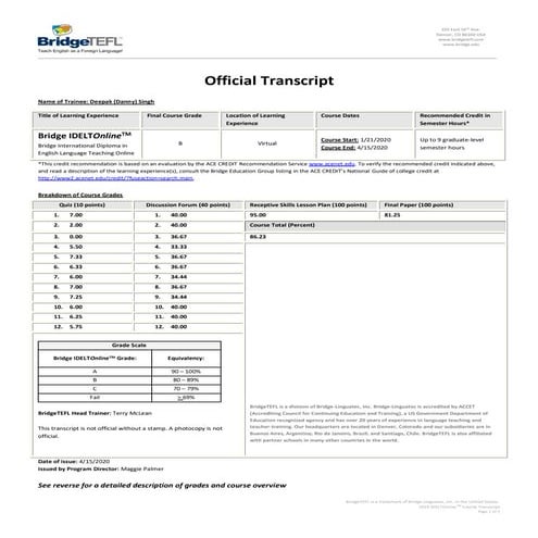 Bridge TEFL IDELT Official Transcript of Deepak (Danny) Singh | PDF