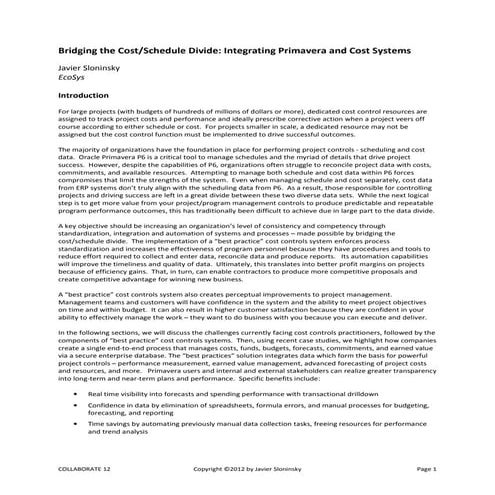 Bridging the cost schedule divide - integrating primavera and cost ...