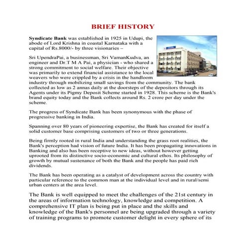 Syndicate bank Brief history | DOCX