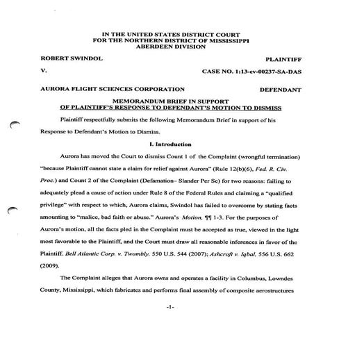 Brief opposing dismissal of Swindol Case - MS Self Defense Law | PDF