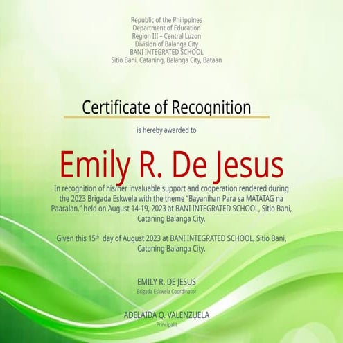 BRIGADA ESKWELA FOR RECOGNITION TEMPLATE | PPTX