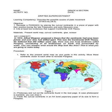Continental drift theory evidences Activity sheet | DOCX