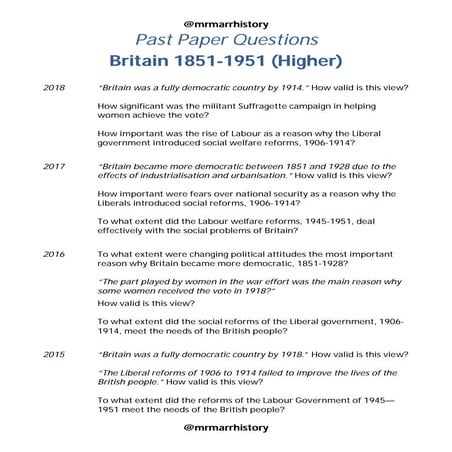 Higher History Past paper questions - Britain 1851-1951 | PDF