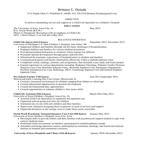 Brittany Dziuda Child Life Specialist Resume | DOC