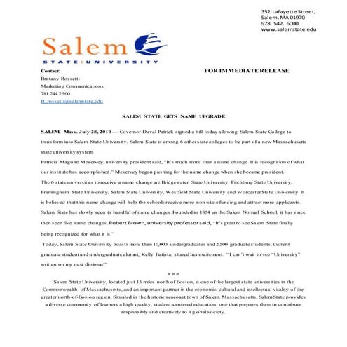 Salem State University News Release | DOCX