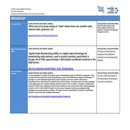 Broadcast and non broadcast audio products and formats worksheet ig1 ...