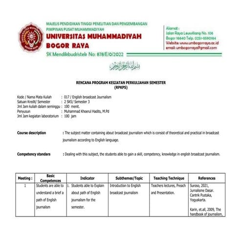 BROADCAST JOURNALISM RANCANGAN PEMBERLAJARAN SEMESTER.doc