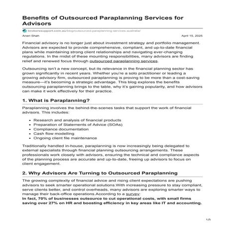 Benefits of Outsourced Paraplanning Services for Advisors | PDF