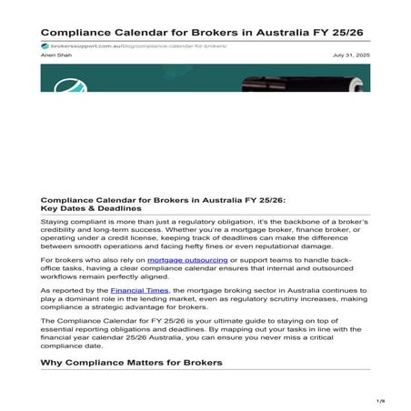 Australian Broker Compliance Planner for FY 2025–26 | PDF