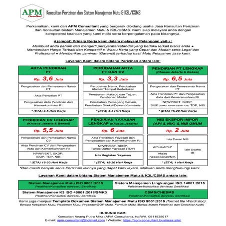 Brosur Penawaran Jasa Konsultan Perizinan dan Sistem Manajemen Mutu & K3L/CSMS | PDF