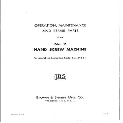 brown and sharpe no. 2 hand screw machine operation & maintenance ...