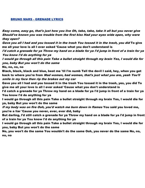 Bruno Mars Grenade Lyrics Full Song