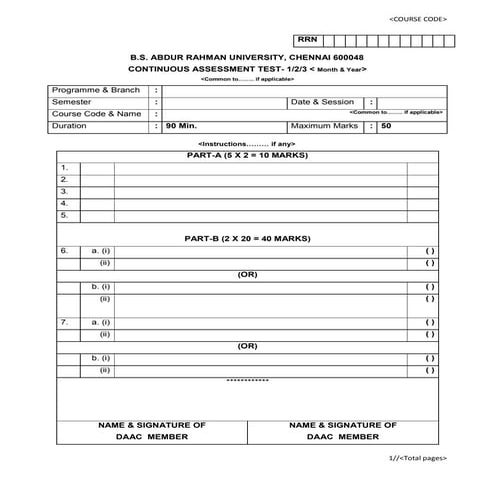 B. S. Abdur Rahman University Continuous Assessment Test Format | PDF ...