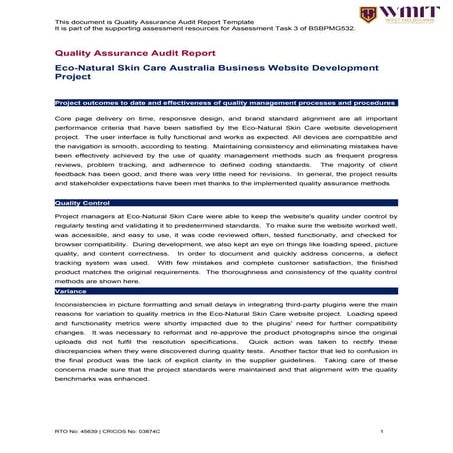 BSBPMG532 SD Quality Assurance Audit Report Template V1.0 (ID 180792 ...