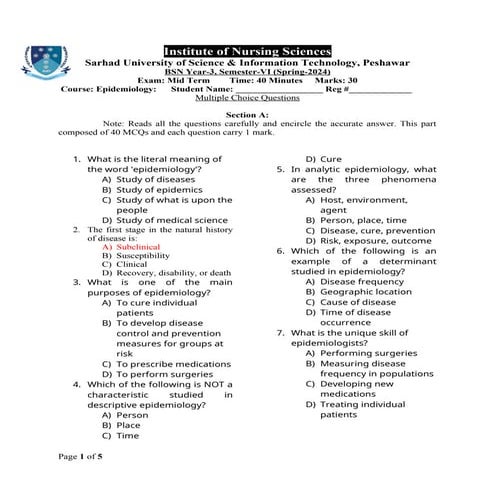 BSN Mid Term Epidemiology Paper INS .docx
