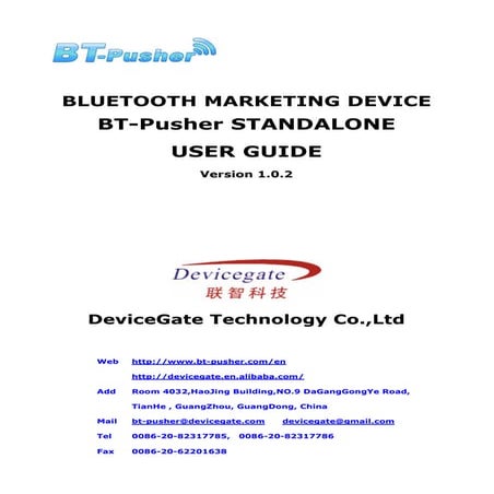 BlueTooth Marketing Device BT-Pusher PRO User Guide | PDF