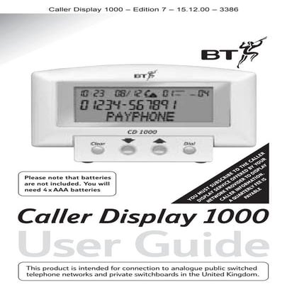 BT caller display 1000 user manual from Telephones Online www ...