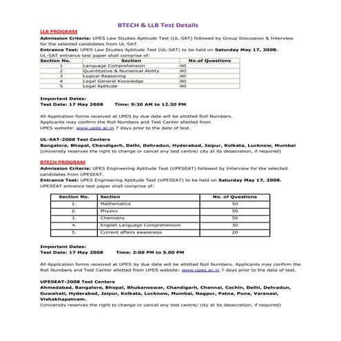 UPES -B.Tech & LLB Test details | PDF