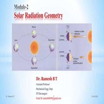 Solar Radiation Geometry, Solar Thermal Conversion and Applications | PPTX