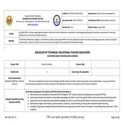 BTVTed-OBTL-for-Quantity-Cookery. BTVTED | PDF