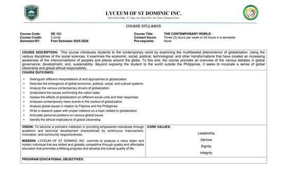 SYLLABUS-SOC-SCI-103-THE-CONTEMPORARY-WORLD-2023-1.docx | College ...