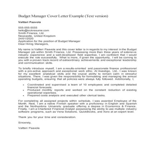 Budget manager cover letter example | DOCX