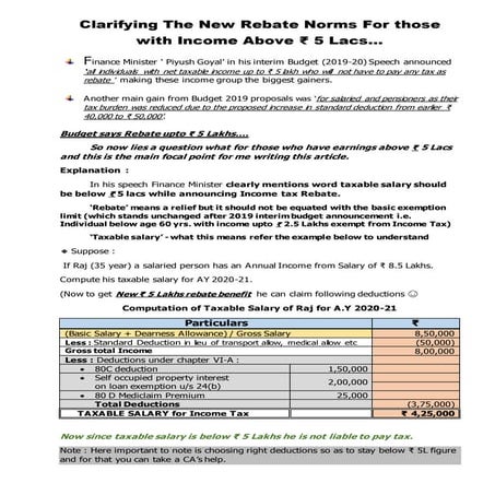 New Budget 2019 Rebate norms for those with Income above Rs.5 Lacs | PDF