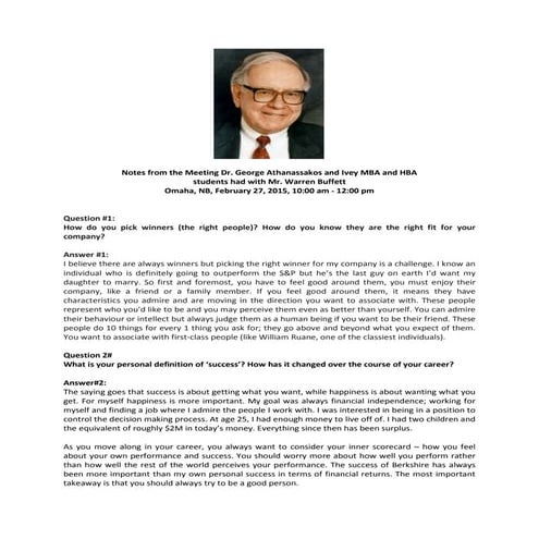 Warren Buffett: Notes From The Q&A Between Ivey MBA, HBA Students | PDF
