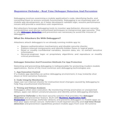 Bugsmirror Defender - Real Time Debugger Detection And Prevention | PDF