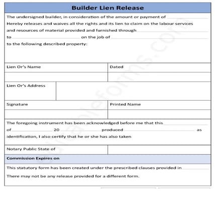 Builder Lien Release Fillable PDF Template | PDF