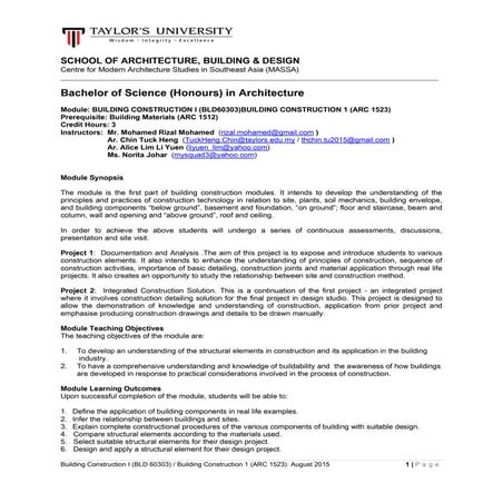 Building Construction 1 (arc 1523) Module Outline 2015 | PDF
