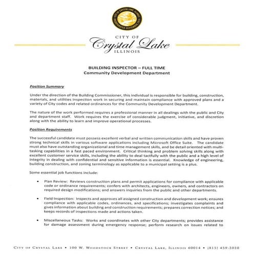 Crystal Lake Building Inspector | PDF