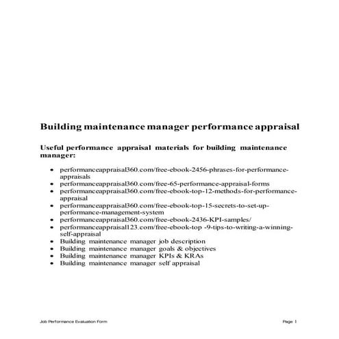 Building maintenance manager performance appraisal | DOCX